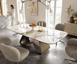 DELIFE Esstisch Edge Boot 240x120 cm Keramik Minas Melange Wei&szlig;-Beige W-Gestell Metall Effektfinish Titan, Esstische