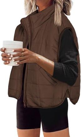 Zeagoo Gilet court matelass&eacute; sans manches pour femme - Veste mi-saison - Automne - L&eacute;ger - Chaud - Veste dhiver avec poches, marron, S