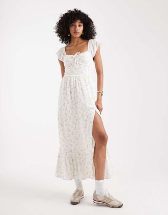 Hollister Robe mi-longue tendance folk &agrave; &eacute;paules d&eacute;nud&eacute;es et fente - Blanc fleuri