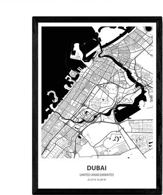 Nacnic Plakat mit Karte von Dubai - Vereinigte Arabische Emirate. Blätter Naher Osten Städte mit Meeren und Flüssen in schwarzer Farbe. A4-Format