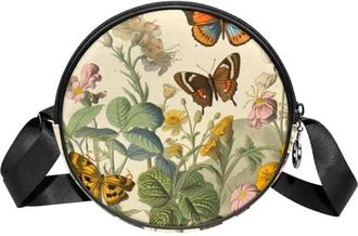 Generic Petit sac &agrave; bandouli&egrave;re circulaire pour femme, motif papillons et fleurs sauvages, sac &agrave; dos avec fermeture &eacute;clair, bretelles r&eacute;glables, sac &agrave; main ro