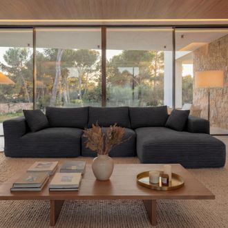 Mendler Sofa-Garnitur HWC-P20, 3-Sitzer Couch Loungesofa, Stoff/Textil Cord (370 g/m&sup2;) Liegefl&auml;che rechts - dunkelgrau