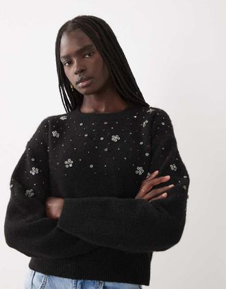 Miss Selfridge pull orn&eacute; de fleurs en perles noir