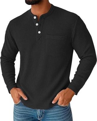 Generic Chemise Henley avec poches pour homme - T-shirt &agrave; manches longues - Coupe r&eacute;guli&egrave;re - Col rond - Avec bouton - T-shirt d&eacute;contract&eacute; et confortable - Po