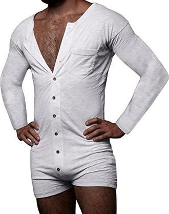Onsoyours Combinaison De Pyjama Hommes À Manches Longues Casual Barboteuse en Coton Extensible Super Confortable Pyjama Sexy Couleur Uni Jumpsuit avec Boutonss 