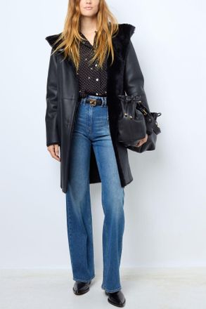 Gerard Darel Manteau r&eacute;versible &agrave; capuche en peau lain&eacute;e- LETITIA - Marine