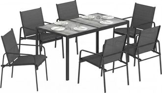 OUTSUNNY Salon de jardin - Outsunny - 7 pi&egrave;ces 6 personnes - table effet bois - acier et maille - noir