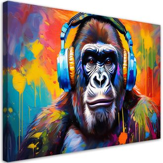 Feeby Leinwandbild - Bilder Wohnzimmer - Bunte AFFE mit Kopfh&ouml;rern - 120x80 cm XXL 1tlg - Deko Schlafzimmer - Wanddekoration - Aesthetic - Gro&szlig; Moderne Bild