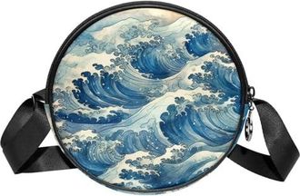 Generic Sac &agrave; bandouli&egrave;re rond pour femme, motif vagues avec fermeture &eacute;clair, bretelles r&eacute;glables, sac &agrave; main rond d&eacute;contract&eacute; pour femmes et filles