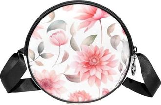 Generic Petit sac &agrave; bandouli&egrave;re circulaire pour femme, motif feuilles florales, sac &agrave; dos avec fermeture &eacute;clair, bretelles r&eacute;glables, sac &agrave; main rond d&eacute;contra