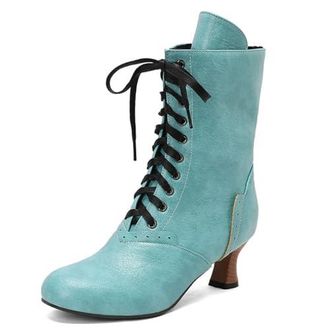 Generic Bottes en Cuir Mi-Mollet Vintage pour Femmes Talon Kitten en Bois Perforé Rétro Travail Bureau Chaussures Décontractées,Vert,43 EU