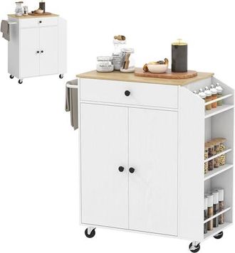 HOMCOM Îlot Central Cuisine Mobile, desserte Cuisine avec tiroir, étagère réglable, Placard à Deux Portes, Barre à Serviettes et étagères à épices pour Salle