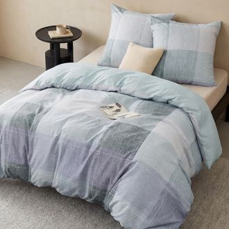 Bedsure Bettw&auml;sche 200x200 3teilig Bettbezug - Bettw&auml;sche-Sets 200 x 200 cm mit 2 Kissenbez&uuml;ge 80x80 cm, &Ouml;KO-TEX Wendebettw&auml;sche Bedding Blau Plaid Kariert Mu