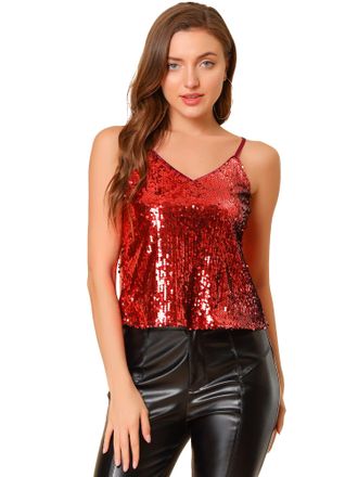 Allegra K Damen Festliches Oberteil Glitzer Top Spaghetti Party Club Camisole Pailletten Shirt Rot XS