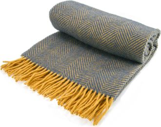 Tweedmill Fischgrätenmuster, reine Schurwolle, kniebedeckend, kleine Decke, marineblau/senffarben, hergestellt in Großbritannien