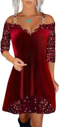 TOMWELL Femme Robe De Noël à Imprimé Verre à Vin Manche Longue Au Genou Décontractée De Fête De Cocktail B Rouge L