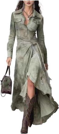 Generic Robe chemise &agrave; manches longues pour femme, robe midi boutonn&eacute;e avec ceinture &agrave; la taille, robe boh&egrave;me d&eacute;contract&eacute;e &agrave; ourlet fendu pour f&ecirc;te quotidienn