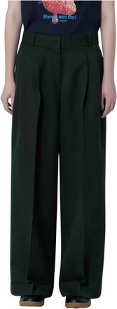 Ganni Pantalon oversize pliss&eacute; en serg&eacute; de laine - Femme - Pantalons - Vert - Taille: 36 FR