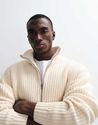 Redefined Rebel Aron - Veste en maille torsad&eacute;e - &Eacute;cru-Neutral