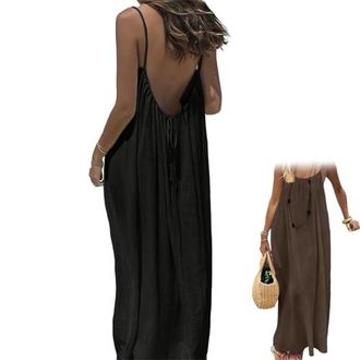 Generic Robe caraco dos nu de couleur unie pour femme, robe longue d&eacute;contract&eacute;e pour la plage, les vacances, Noir, XL