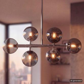 Loistaa home24 Deckenleuchte 6-flammig 60 x 70 x 33cm Grau/Metall Grau gl&auml;nzend/Rauchglas Material: Glas, Metall LED G9