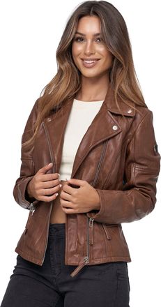 Tazzio Lederjacke moderne & zeitlose Damen Jacke im Biker Look mit Reverskragen F501 (XL, Braun)