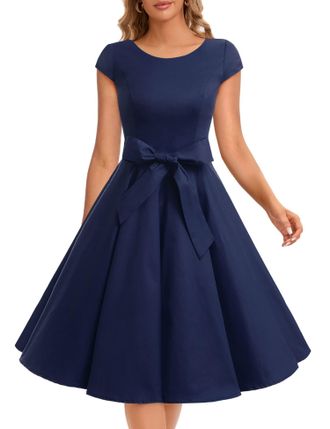 Dressystar Damen Vintage 50er Cap Sleeves Dot Einfarbig Rockabilly Swing Kleider XXL Marineblau