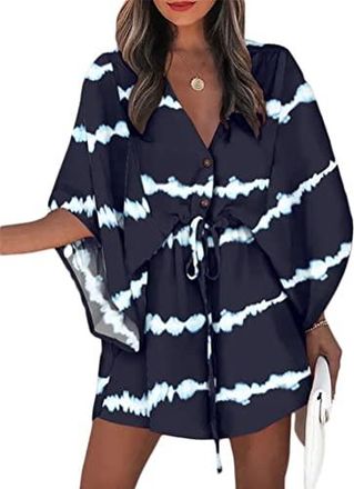 Onsoyours Robe Femme Été Col V Robe Droite Fluide Manches 3/4 Imprimé Mi Longue Robe Chemise Tunique Boho A-Line Robe Volant Sexy Chic Rétro Robe de Plage B Mar
