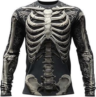 Generic DENGJIAMY Chemise squelette à manches longues pour homme Motif cage nervurée drôle Tête de mort Impression 3D T-shirt tendance col rond tenue de vacan