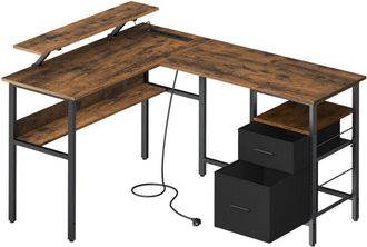 Vasagle Bureau en L avec Multiprise, Bureau dAngle, Rehausseur d&Eacute;cran, LED, 2 Tiroirs, 2 Ports USB, Marron
