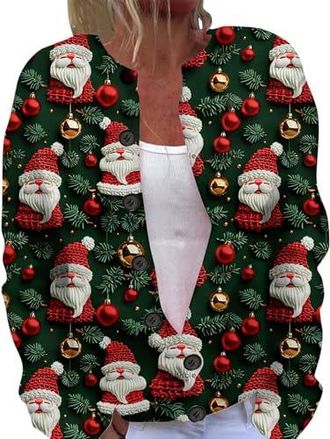 Generic 2026 Vestes pour femmes &agrave; la mode et d&eacute;contract&eacute;e pour lautomne et lhiver No&euml;l imprim&eacute; cardigan veste, vert fonc&eacute;, XXL