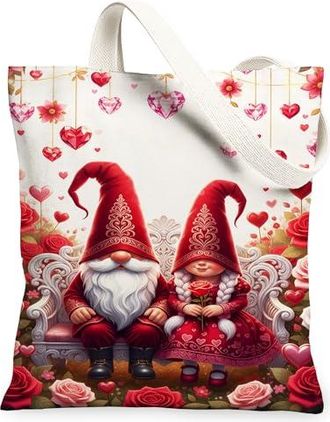 Generic Sacs fourre-tout r&eacute;utilisables en toile avec motif de nain de Saint-Valentin, coeurs romantiques, sacs d&eacute;picerie r&eacute;utilisables, l&eacute;gers et lavables, Ro