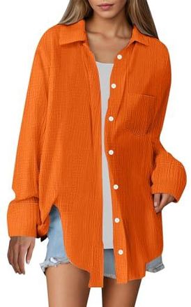 Generic Chemise unie pour femme - Chemisier uni à manches longues - Chemisier dentraînement ample - Vêtements pour la vie quotidienne - Cadeaux de Noël, Orang