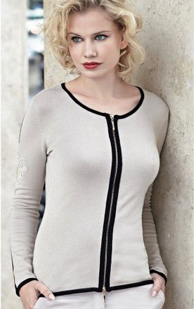 Passioni Strickjacke mit Rei&szlig;verschluss in Beige mit schwarzen Kanten