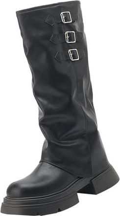 Generic Bottes plates &agrave; hauteur du genou pour femme, bottes montantes repliables pour femme, talon bloc &eacute;pais et bout rond, bottes habill&eacute;es avec boucle, coup