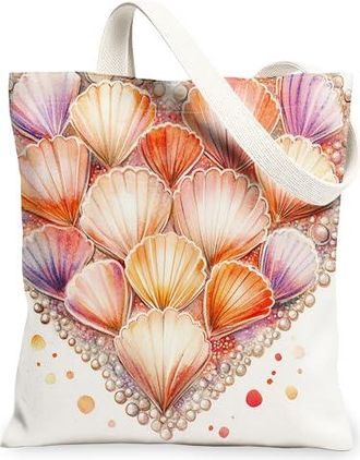 Generic Sac fourre-tout en toile coquillage festonn&eacute; pour le shopping 33 x 38 cm, sac d&eacute;picerie r&eacute;utilisable pour la Saint-Valentin, peinture c&ocirc;ti&egrave;re, d&eacute;corat