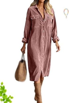 Generic Robe chemise dautomne boutonnée en velours côtelé pour femme, robe midi longue plissée à revers en forme de trapèze, rose, XXL