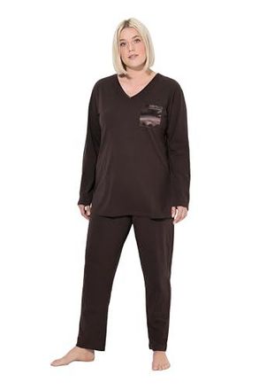 Ulla Popken Femme Grandes Tailles Pyjama &agrave; col en V et Manches Longues, Poche Poitrine en Satin Marron pin 46+ 821918110-46+