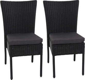 Hhg 2er-Set Poly-Rattan Stuhl HHG-949, Balkonstuhl Gartenstuhl, stapelbar schwarz, Kissen dunkelgrau