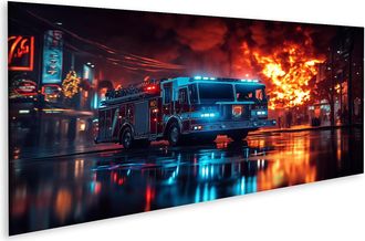 Islandburner Bild auf Leinwand Feuerwehr im Einsatz bei Nachtstadtbrand Bilder Wandbilder Poster