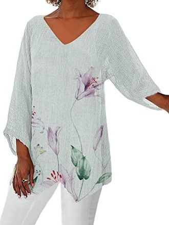 Onsoyours Femme Tunique À 3/4 Manches Longues Chemise Élégant Imprimée Blouses Casual Vintage Ample Swing T-Shirt Grande Taille Comfortable Chemisier Hauts Pull