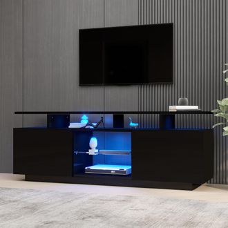 Generic Hochglanz TV-Schrank mit LED-Beleuchtung TV-St&auml;nder T&uuml;rpaneel mit Glasfach Offenen Regalen TV Lowboard f&uuml;r 60-Zoll-Fernseher Unterschrank f&uuml;r Wohnzimm