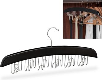 Relaxdays G&uuml;rtelhalter Kleiderschrank, Haken f&uuml;r 12 G&uuml;rtel, 360&deg; drehbarer Haken, Holz, 17,5x43x5,5 cm, schwarz/Silber