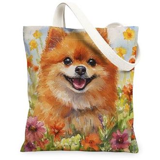 Generic Sac fourre-tout en toile pour faire du shopping, 33 x 38,1 cm, sac d&eacute;picerie r&eacute;utilisable pour femme, peinture &agrave; lhuile motif fleurs sauvages, chiot d