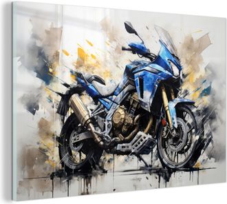 MuchoWow © Bild auf Glas 60x40 cm Schlafzimmer Bilder Badezimmer Wand Deko Wohnzimmer Modern Wanddeko Bilderwand Geschenk Motorrad - Graffiti - Pastell - Blau 