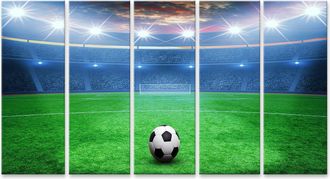 Islandburner Bild auf Leinwand Fußball Auf Grünem Stadion Arena In Nachtbeleuchteten Hellen Scheinwerfern Wandbild Poster Kunstdruck Bilder