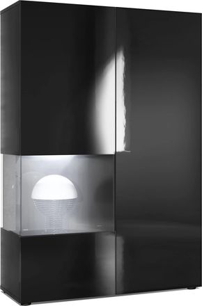 Vladon Vitrine Kommode Hochschrank Morena, Made in Germany, Korpus in Schwarz matt/Rechte T&uuml;r und der Einsatz in Schwarz Hochglanz, inkl. LED Beleuchtung