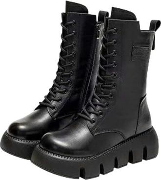 Generic Femme Bottes en Cuir Lacets Bout Rond Bottes mi-mollet Élégantes Fermeture Éclair Semelle Plateforme Antidérapant Tendances Boots Chaussures Femme Aut