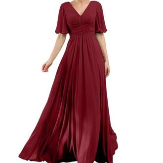 Generic Robe de demoiselle dhonneur en mousseline de soie avec col en V et volants plissés pour femme - Robe longue de cocktail formelle, Grace 6, 3XL