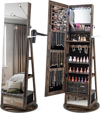 Costway Schmuckschrank 360° drehbar, Spiegelschrank mit Ganzkörperspiegel, LED-Leucheten & Schublade & Haartrocknerhalter, Schmuckregal abschließbar